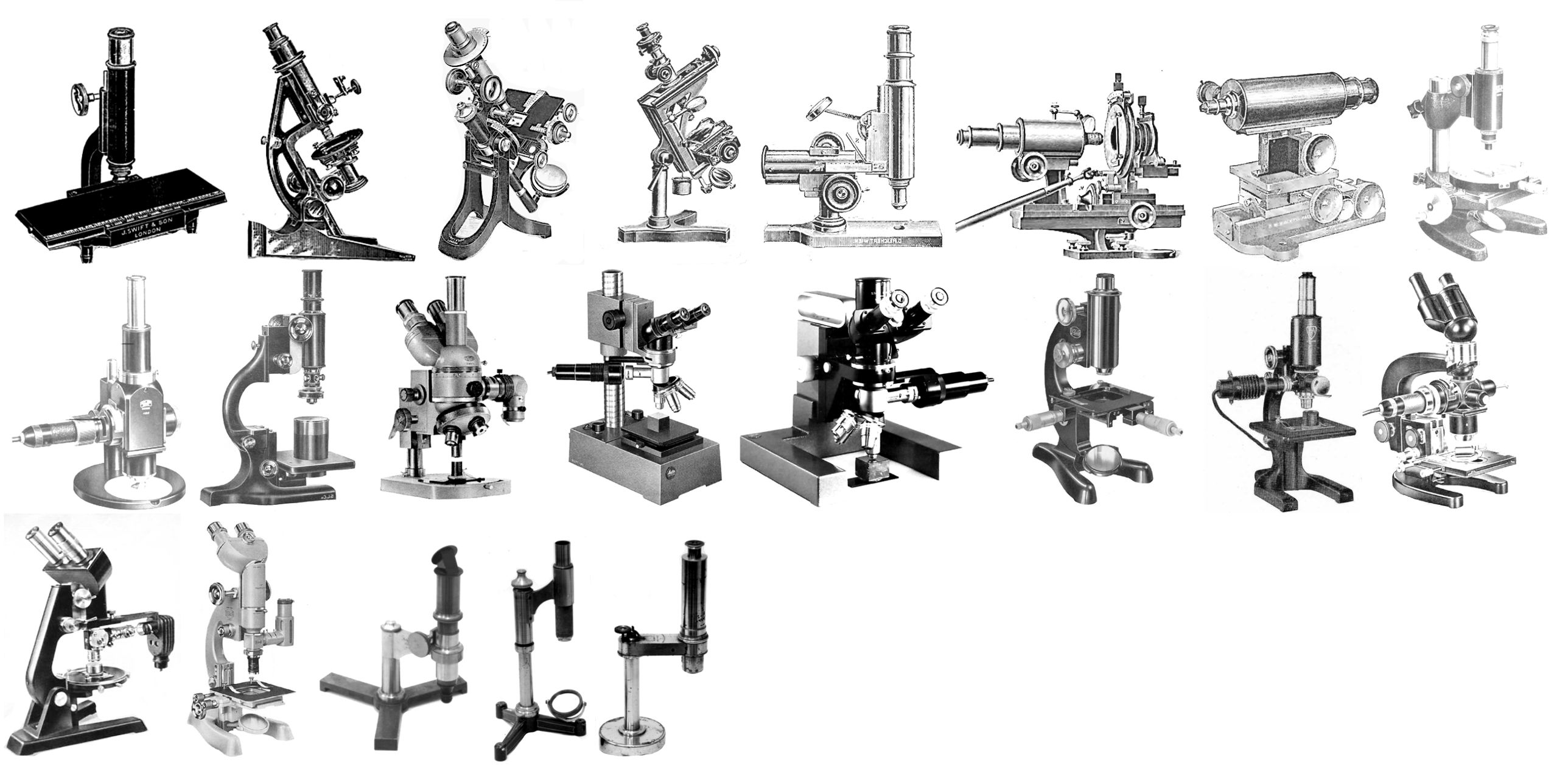 Several microscopes on a white backgroundDescription automatically ...